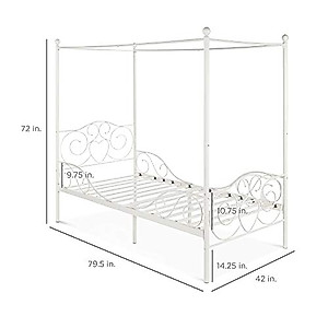Best Choice Products 4-Post Metal Canopy Twin Bed Frame for Kids Bedroom, Guest Room w/Heart Scroll Design, 14-Slat Support System, Headboard, Footboard - White