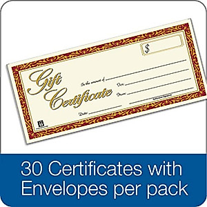 Adams Gift Certificates, Laser/Inkjet Compatible, 3-Up, 30 per Pack with Envelopes (GFTLZ),White