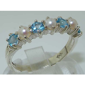 LetsBuyGold 925 Sterling Silver Cultured Pearl & Blue Topaz Womans Eternity Band Ring - Size 10