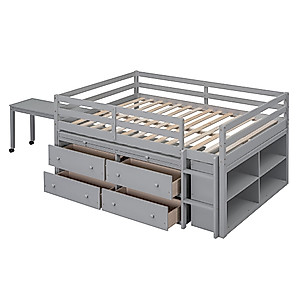 VilroCaz Full Size Low Loft Bed with Retractable Writing Desk and 4 Drawers, Multiple Functions Wooden Loft Bed Frame with Storage Shelves for Kids Teens Boys Girls, Sturdy Slats Support (Grey-AFULL)
