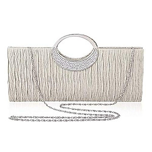 HOOLUCK Women's Rhinestone Satin Pleated Evening Bag Crystal Clutch Purse with Silver Chain Strap Champagne