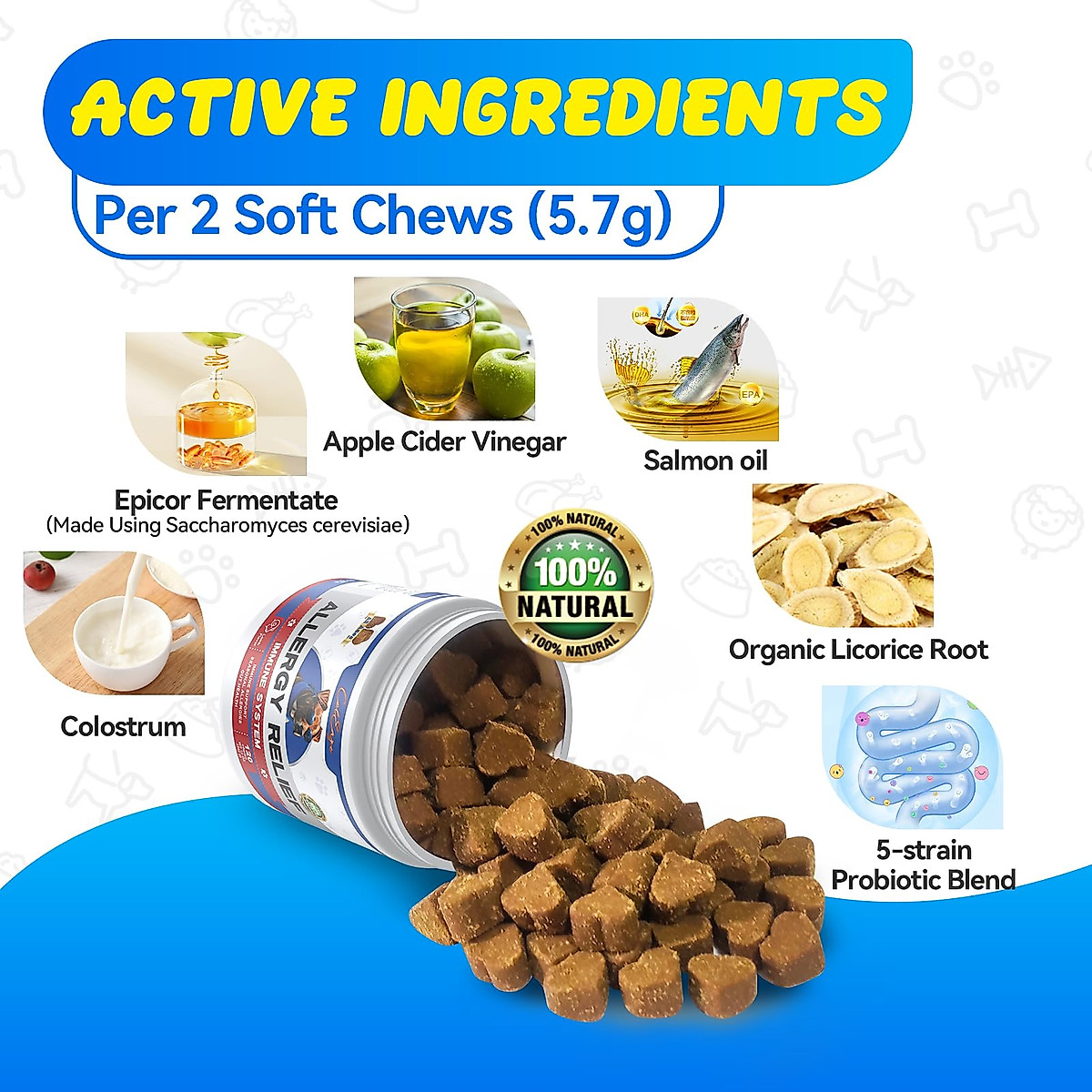 ColEzae Allergy Relief for Dogs, Anti-Itch Chew Treats for Dry Skin, Itchy Paws, Licking, Seasonal Allergies, Omega 3 and Herbal Supplement