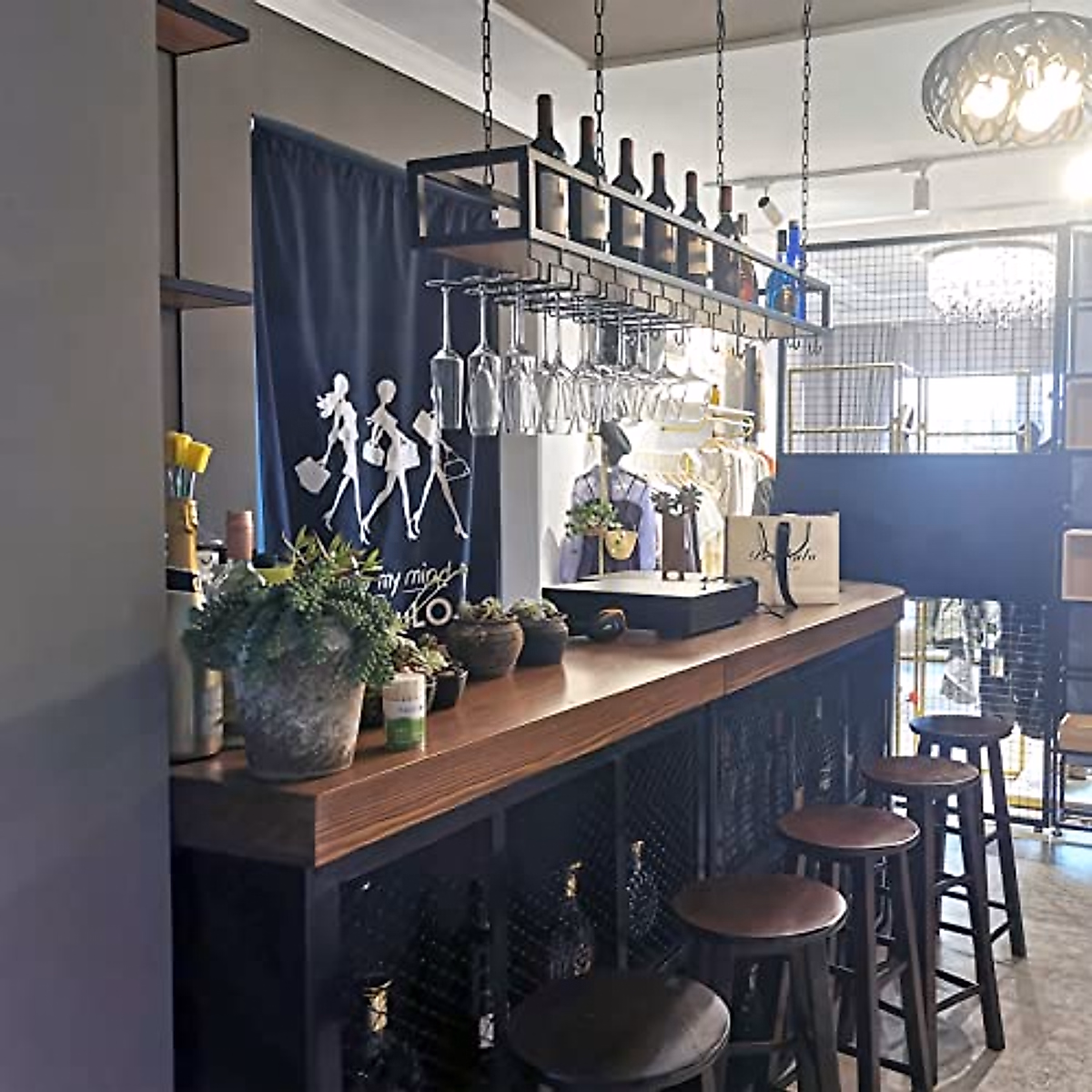 Ceiling Wine Glass Rack - Hanging Wine Rack with Glass Holder and Shelf, Height Adjustable Industrial Hanging Wine Bottle Holder, Black Metal Ceiling Shelf for Bar Cafe Kitchen (47.2×9.8×8.6in)