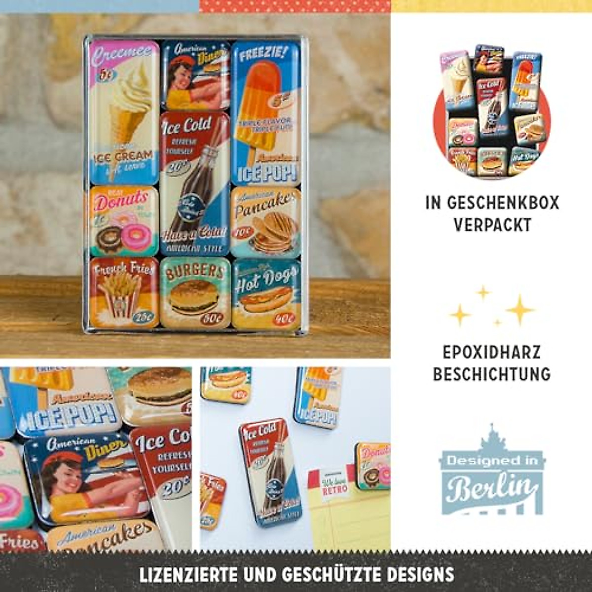 Nostalgic-Art Retro-Style Fridge Magnets, American Diner – Gift idea for USA & Diner Fans, Magnet Set for Notice Board, Vintage Design, 9 Pieces