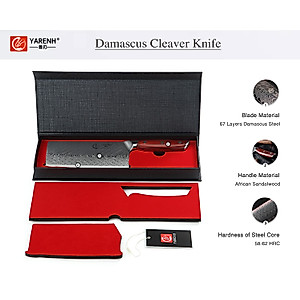 YARENH Chinese Cleaver Knife, 7 inch Professional Kitchen Knife, Damascus Steel Blade, 67 Layers, African Sandalwood Handle, Suitable for Cutting Vegetables and Meat, Gift Box Packaging