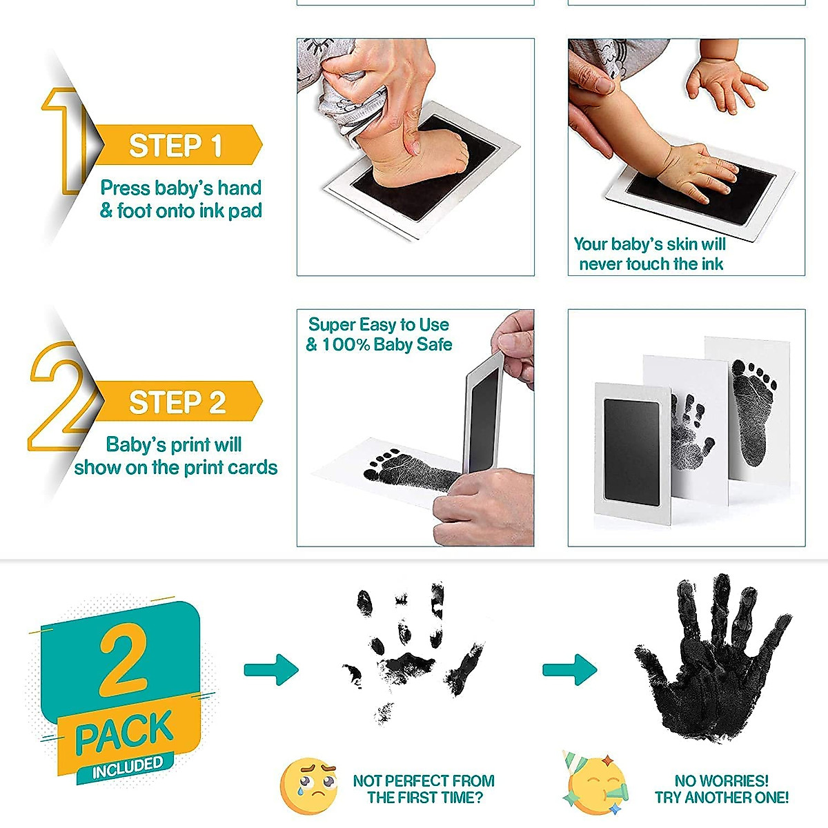 1Dino Premium Baby Handprint and Footprint Kit - 12.6” x 12.2" White/Grey Wood Baby Picture Frame - Includes 2X Clean Touch Ink Pad for Baby Hand and Footprints - Baby Registry, Baby Shower Gifts