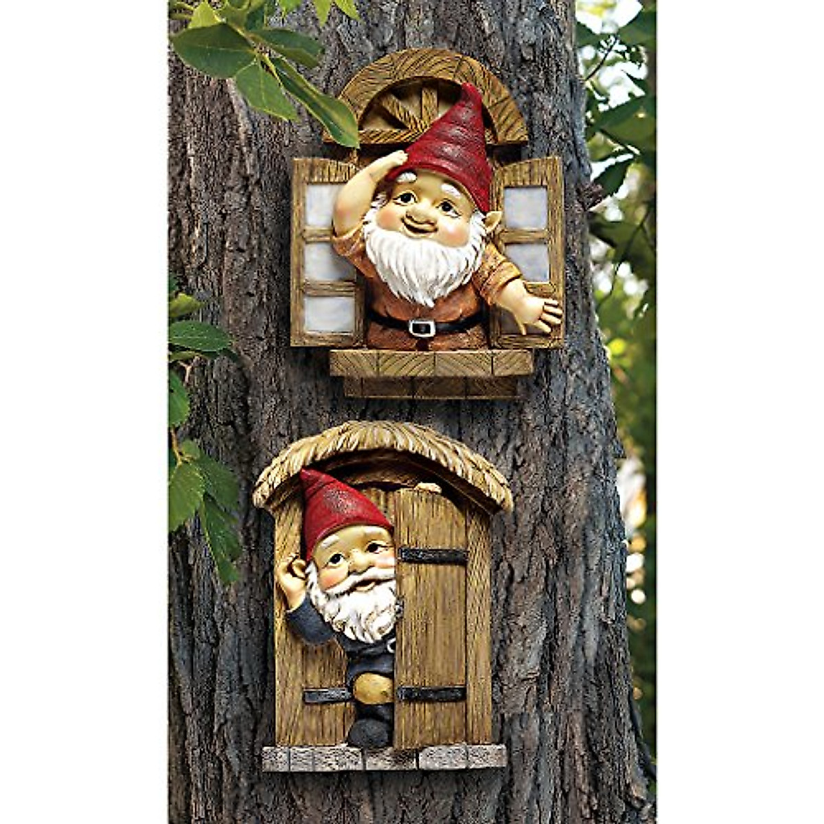 Design Toscano QL94281 Knothole Welcome Gnomes Garden Tree Sculptures, full color