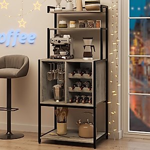 IDEALHOUSE Wine Bar Rack Cabinet, Freestanding Wine Cabinet with Glass Rack Wine Bottle Holders, Industrial Bakers Rack, Tall Liquor Cabinet with Storage for Kitchen Living Dining Room, Rustic Gray
