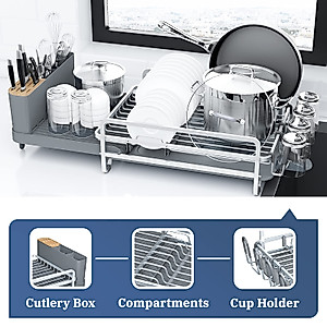 Kitsure Dish Drying Rack, Dish Rack with Drainboard Set for Dish Sets &Dish Rack for Counter, Multifunctional Dish Strainer for Kitchen Counter with Drainage,Extendable Tray, Cup Holder & Cutlery Box