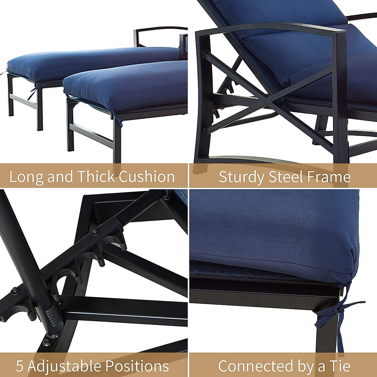 PatioFestival Patio Chaise Lounge Outdoor Adjustable Back Cushioned Chairs All Weather Steel Frame Lounger with Blue Pillow(2Pcs)