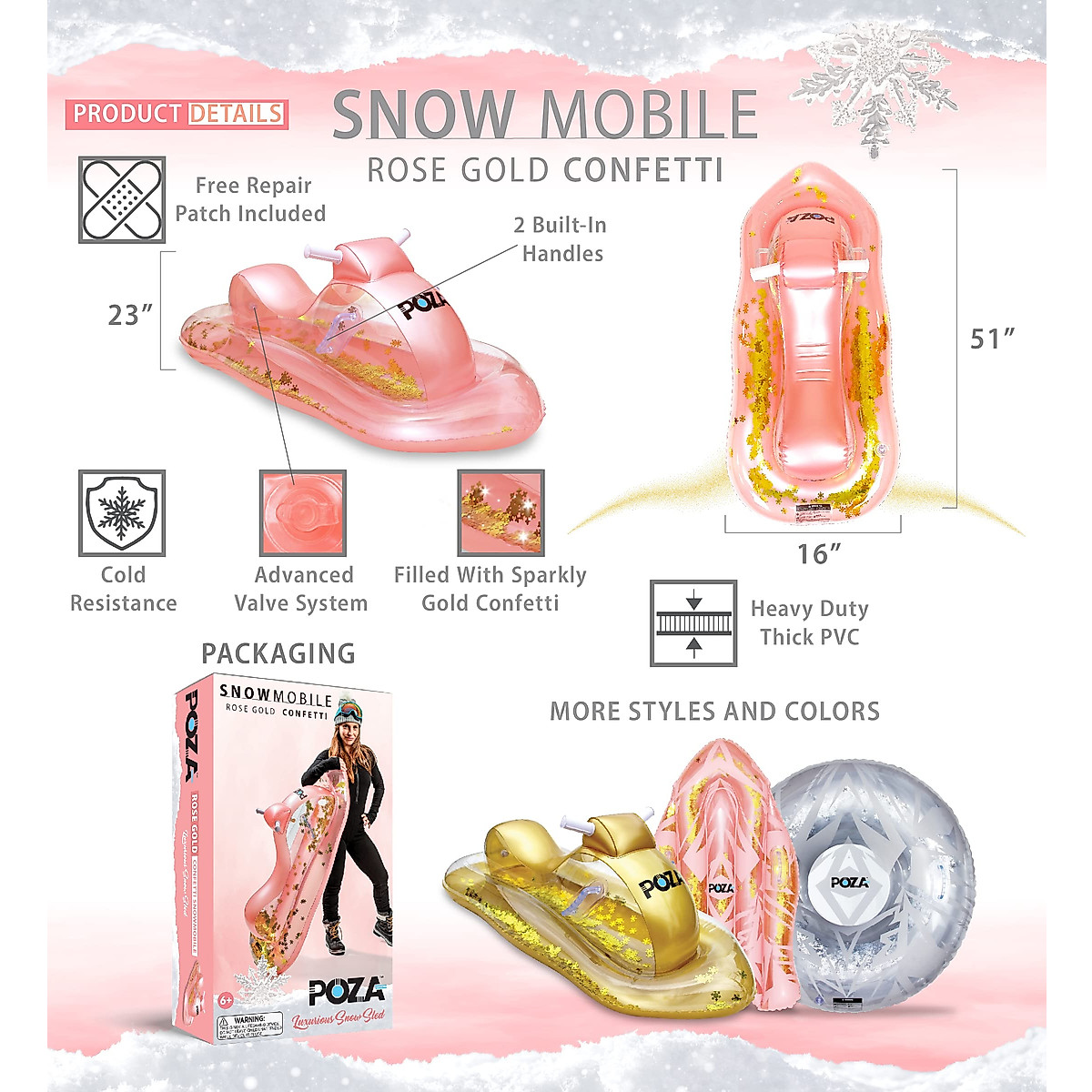 POZA Inflatable Rose Gold Snowmobile Sled - Luxurious Snow Sled with Handles filled with Gold Snowflake Confetti, Premium Cold Resistant PVC Heavy Duty Sled, Ski Sled for Adults and Kids - 51 Inches