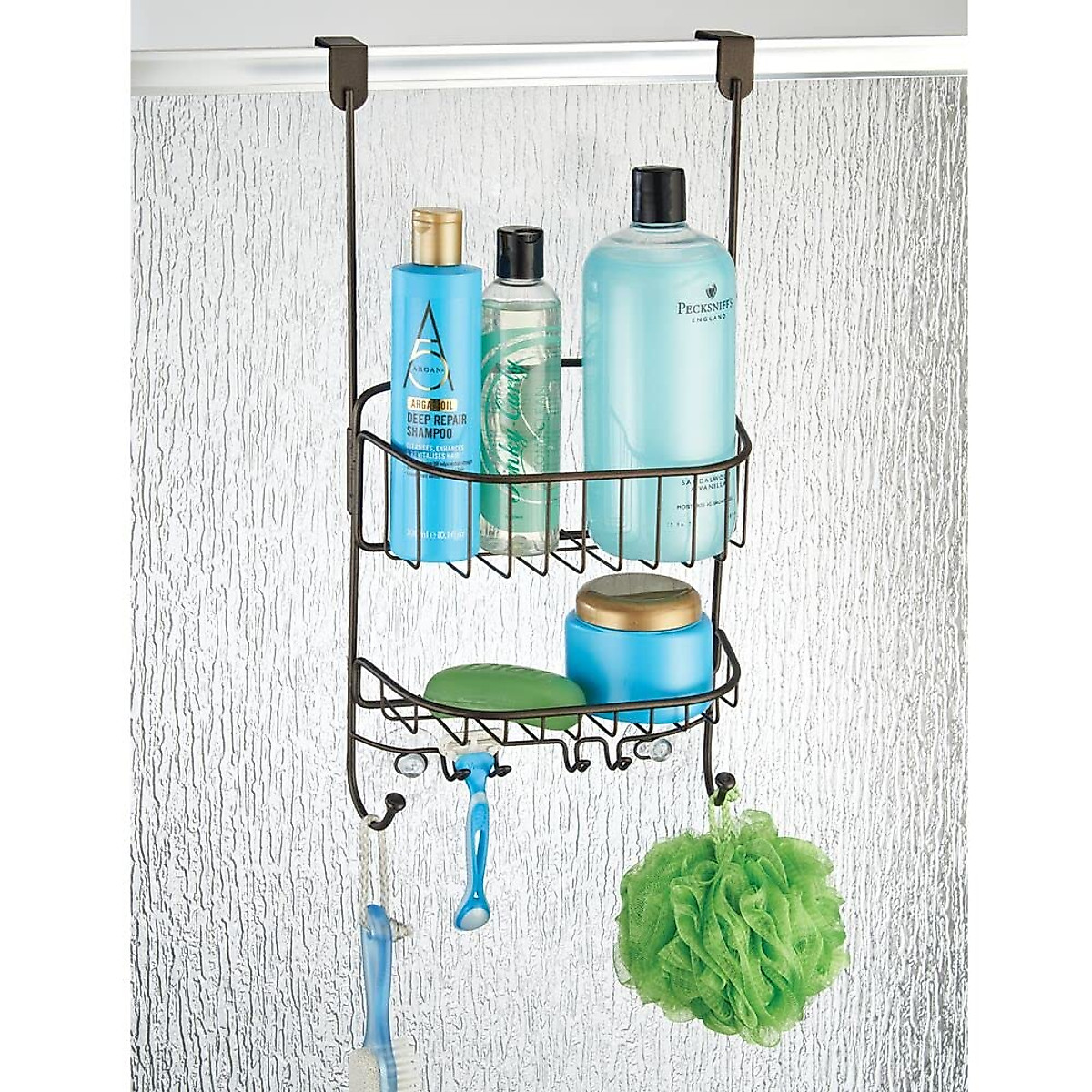 mDesign Steel Over Door Hanging Shower Caddy Storage Organizer with 2 Baskets, 6 Hooks - Shower Shelf Rack for Bathroom - Holds Shampoo, Conditioner, Soap, Towel, Sponge - Draper Collection - Bronze