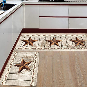 Kitchen Rug Sets of 2 Piece Non-Slip Soft Absorbe Western Texas Star and Primitive Berries on Country Wooden Plank Kitchen Mat Bath Rug Doormat Runner Carpet Set 16"x24"+16"x47"