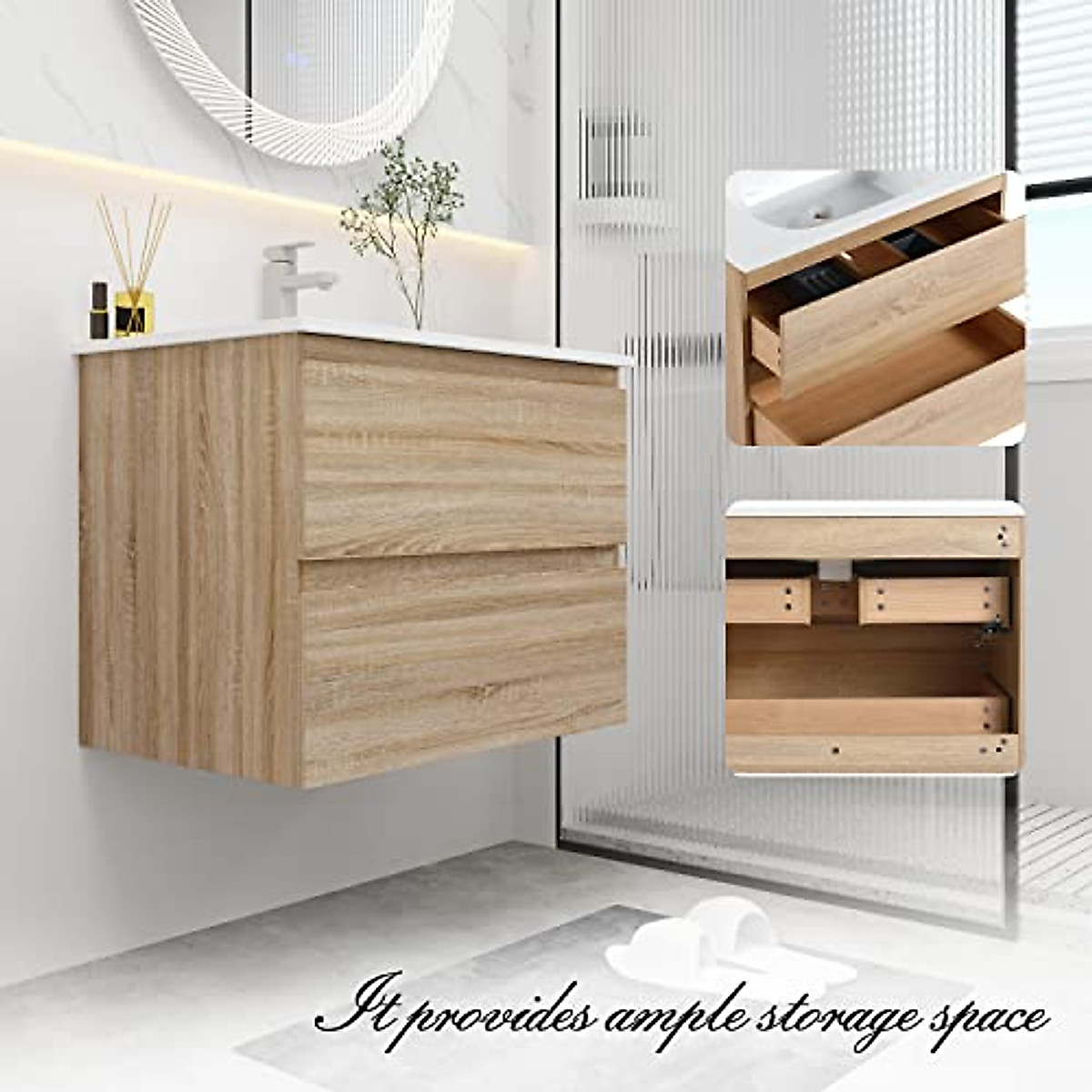 Henf 30" inch Wall Mounted Bathroom Vanity with Sink, Modern Floating Bathroom Vanity with White Integrated Gel Sink & Two Drawers, Plywood Hanging Bath Cabinet w/Resin Wash Basin (Light Oak)