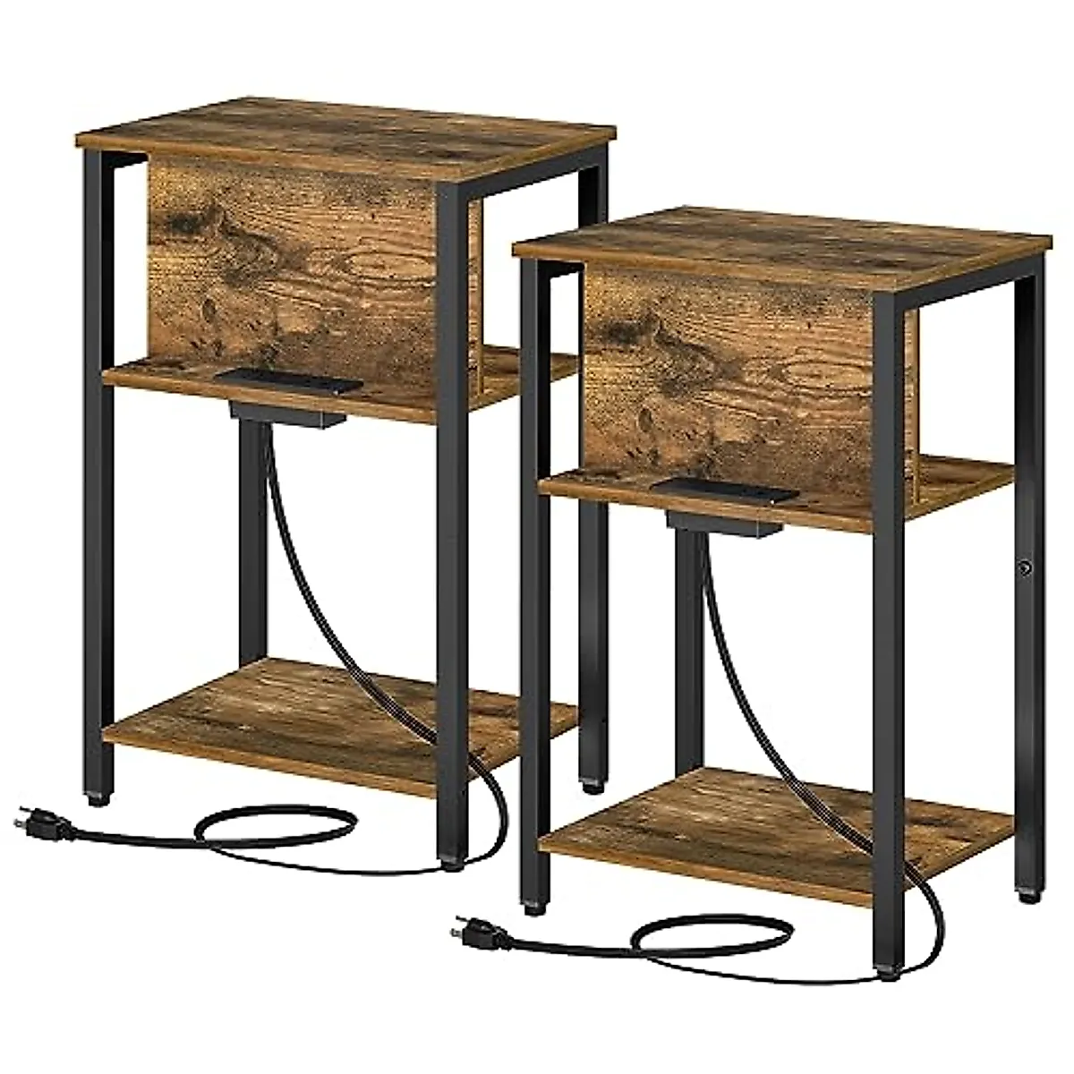 YATINEY Nightstands Set of 2, End Tables with Charging Station and Type C, Side Table with Open Storage Shelf, Bedside Table for Small Spaces, Rustic Brown and Black ET58L2BR