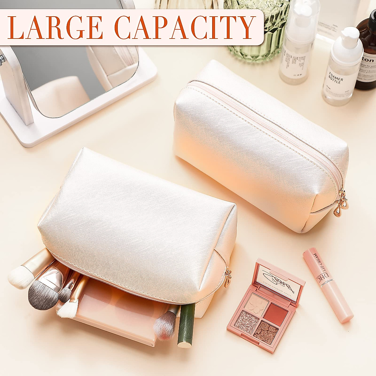 Sanwuta 9 Pcs Preppy Makeup Bag PU Leather Cosmetic Bag Makeup Pouch Plain Cosmetic Pouch Waterproof Toiletry Bags for Traveling Preppy Travel Purse Cosmetic Organizer(Ivory White)