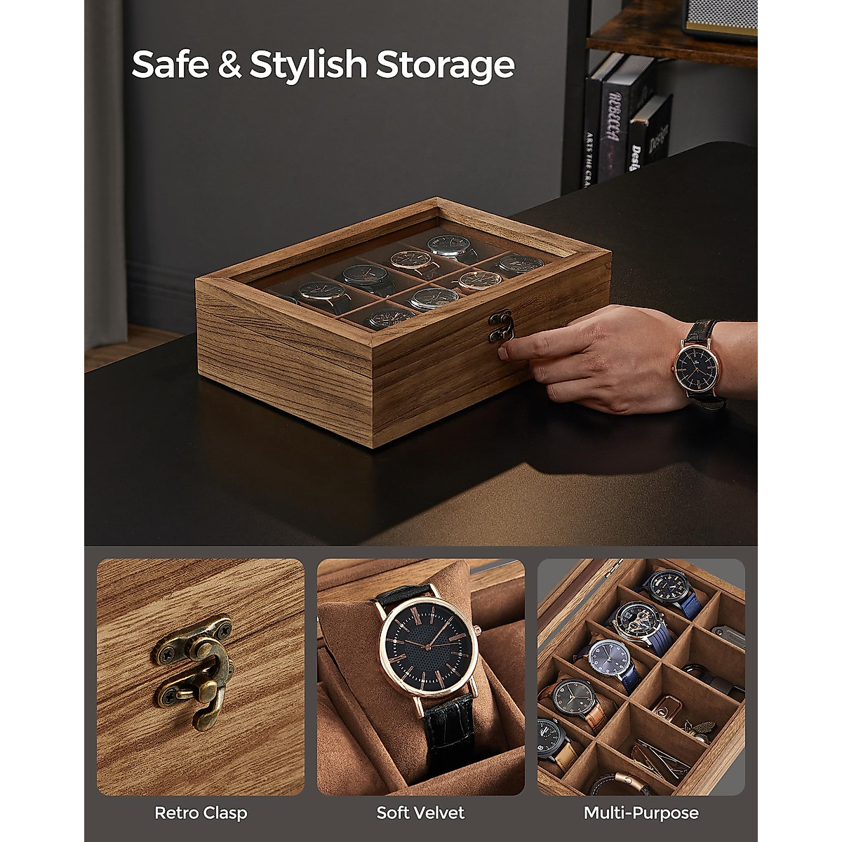 SONGMICS Watch Box, 10-Slot Watch Case, Solid Wood Watch Box Organizer with Glass Lid, Watch Display Case with Removable Pillows, Gift for Loved Ones, Rustic Walnut UJOW100K01
