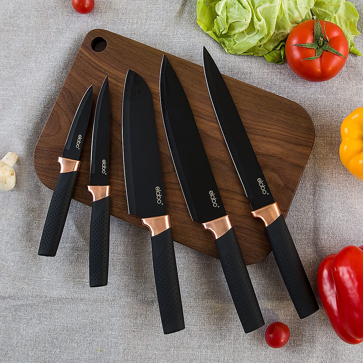 elabo Kitchen Knife Set with Acrylic Stand - 16Pcs Stainless Steel Knives, Rose Gold Handle Includes 6 Sharp Knives, 6 Serrated Steak Knives, Scissors, Peeler, Knife Sharpener with Block
