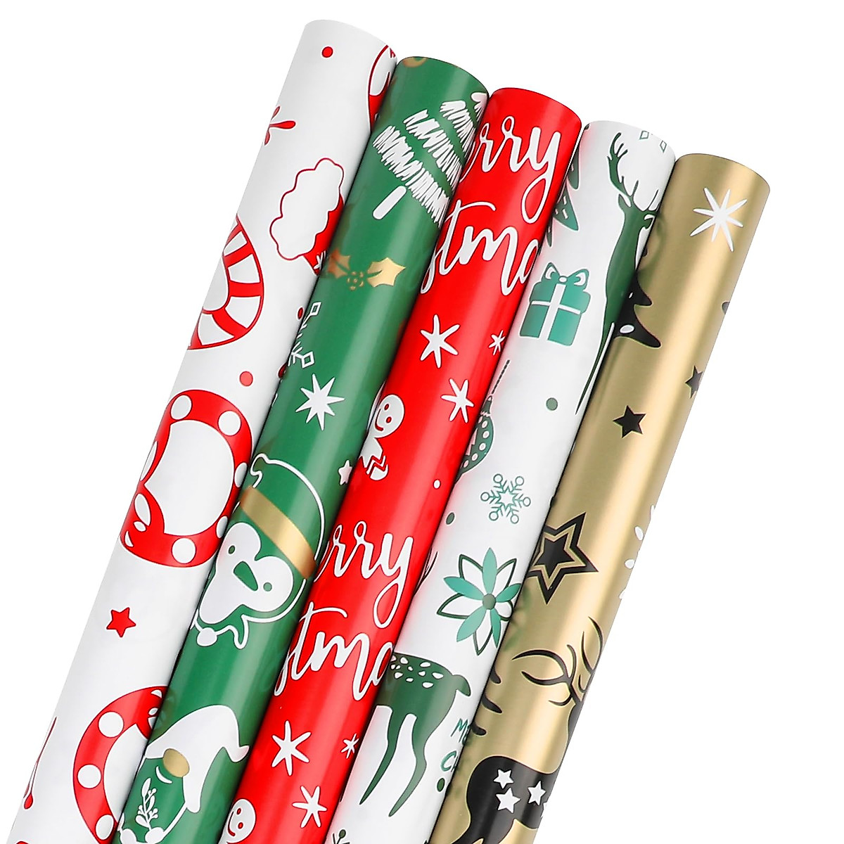 KIMOBER 5 Rolls Christmas Wrapping Paper with Cut Lines on Reverse,Colourful Coated Paper with Cartoon Xmas Elements(17in×118in Per Roll)