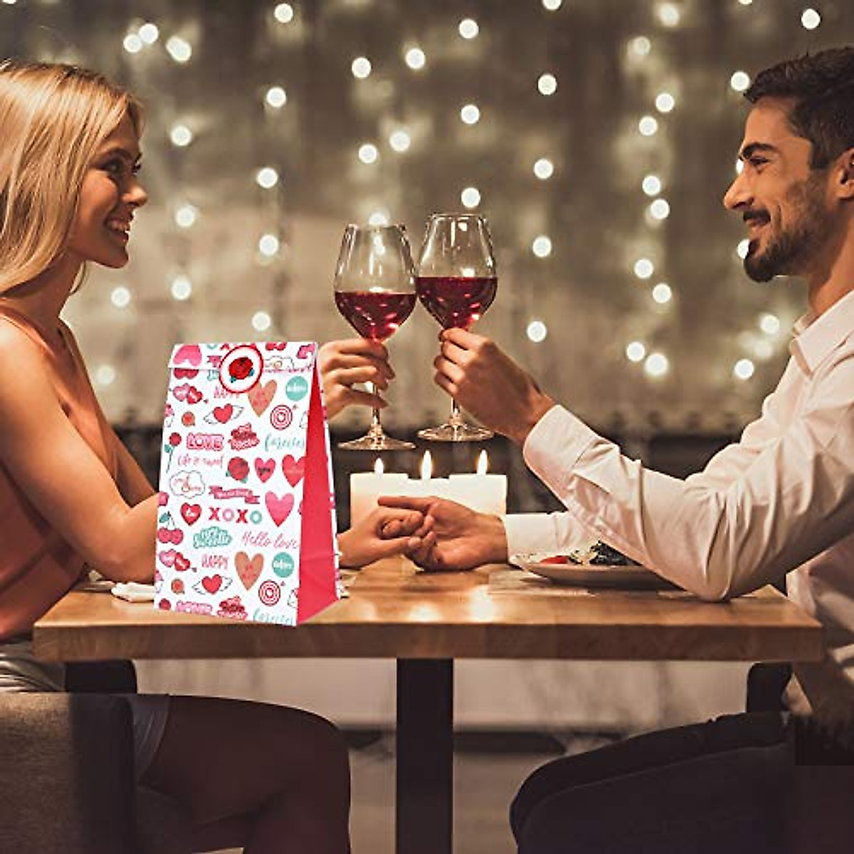 HOWAF Valentines Gift Bags Party Favors -12 PCS Valentine Paper Bags+18 PCS Valentine Stickers, 2 Patterns Valentine Treat Bags Valentine Goodies Bags for Wrapped Gifts Party Supplies Decoration