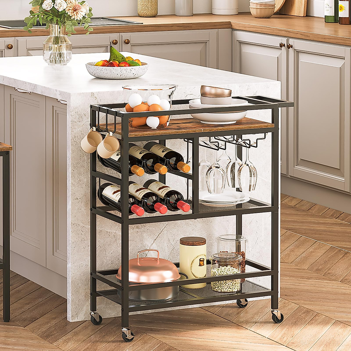 MAHANCRIS Bar Cart for Home, 3-Tier Serving Cart with Wheels and Handle, Beverage Cart with Wine Rack and Glass Holders, Rolling Wine Cart for Kitchen, Dining Room, Rustic Brown RCHR6101