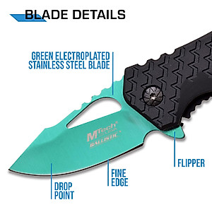MTech USA – Spring Assisted Folding Knife – Green Fine Edge Stainless Steel Blade with Black Nylon Fiber Handle, Bottle Opener, Pocket Clip, Tactical, EDC, Self Defense- MT-A882GN