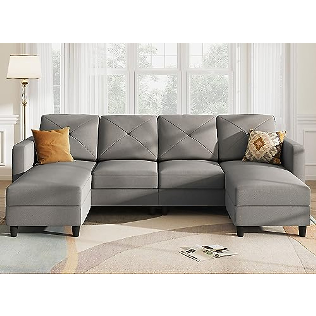 HONBAY U Shaped Sectional Sofa Convertible Couch with Double Chaises 4 Seat Sofa with Ottomans for Living Room, Light Grey