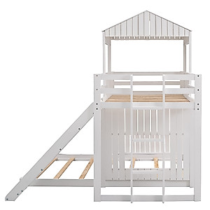 Harper & Bright Designs Twin Over Full House Bunk Bed with Slide and Roof, Wood House Bunk Bed with Ladder and Guardrails, Playhouse Bed for Kids Teens Girls Boys – White