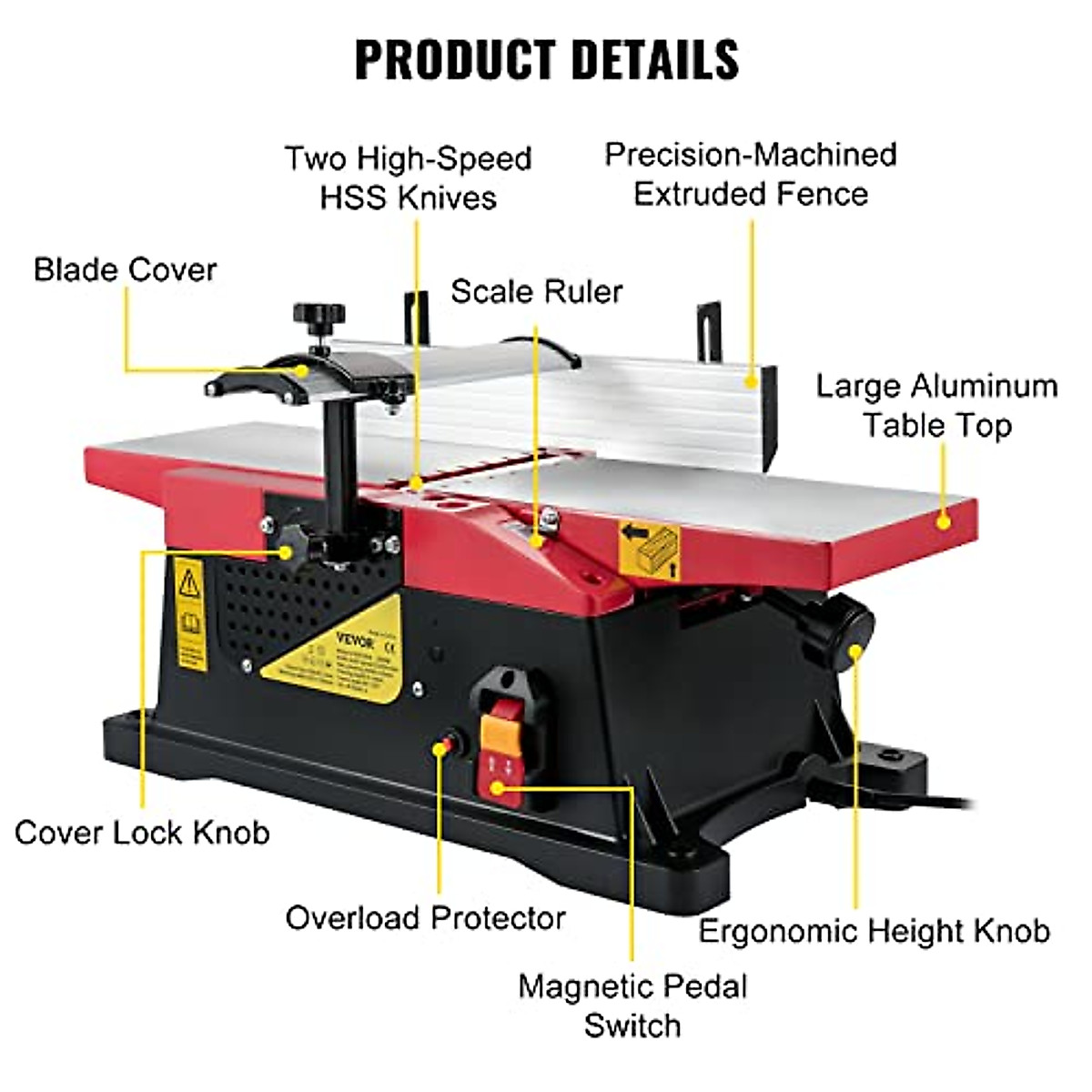 VEVOR Woodworking Benchtop Jointers 6inch with 1650W Motor,Heavy Duty Benchtop Planer Precise Cutterhead 2000rpm,2 Push Blocks Fence Depth Scale,Large Aluminum Work Table for Woodworking