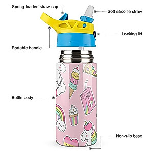 Water Bottle With Straw Pink Unicorns Insulated Stainless Steel Vacuum Cup 500Ml For School 7.5x2.7 in