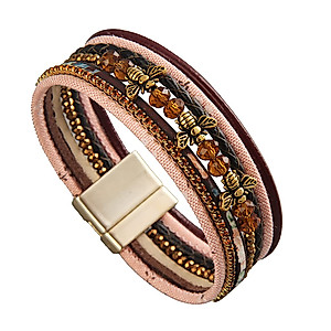 GelConnie Leather Wrap Bracelet Women's Leather Cuff Bracelets Honey Bee Multi Strand Boho Bracelet for Women