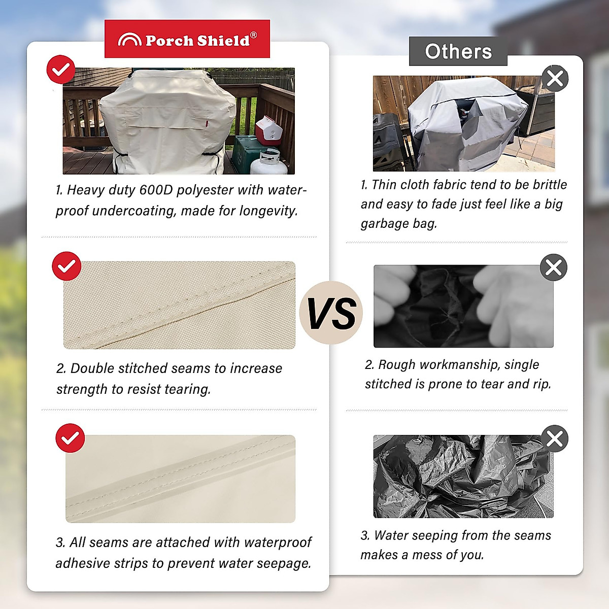 Porch Shield 64W x 24D x 48H inch Premium Gas Grill Cover Up to 64 inch, Waterproof and Fade Resistant 600D BBQ Covers for Weber, Brinkmann, Char-Broil and More, Light Tan