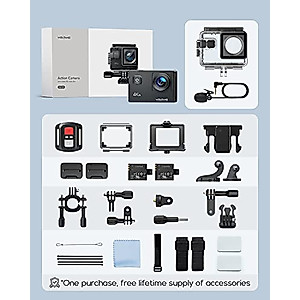 WOLFANG GA100 Action Camera 4K 20MP Waterproof 40M Underwater Camera EIS Stabilization WiFi 170° Wide Angle Helmet Camera (External Microphone, Remote Control, 2 Batteries and Accessory Kit)