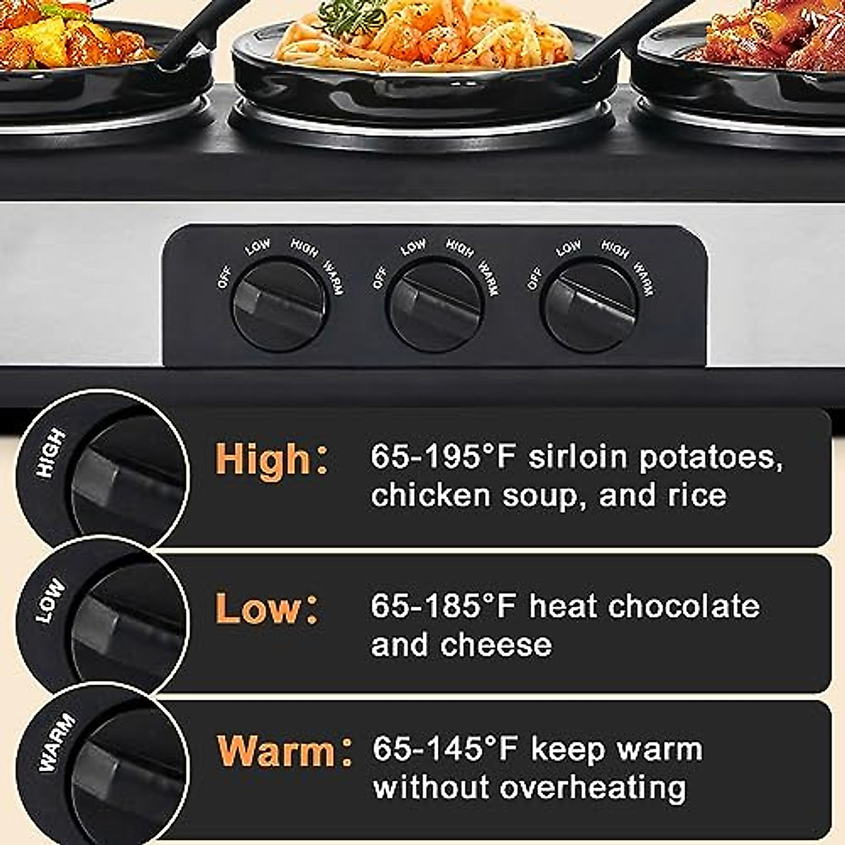 Triple Slow Cooker, Buffet Server Food Warmer, 3 * 1.5QT Slow Cooker with Ceramic Pot, 3 Modes Adjustable Temp, Dishwasher Safe, Removeable Glass Lid and 3 PVC Spoons,Stainless Steel