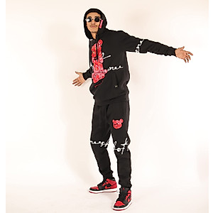 SCREENSHOT-F1122 Mens Urban Hip Hop Premium Fleece - Head Lifting Paisley Cartoon Teddy Bear Crew Neck Streetwear Sweatshirt-Black/Red-Large