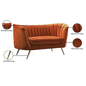 Meridian Furniture Margo Collection Modern | Contemporary Velvet Upholstered Loveseat with Deep Channel Tufting and Rich Gold Stainless Steel Legs, Cognac, 65" W x 30" D x 33" H