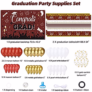 Graduation Decorations for Class of 2023, 80Pcs Graduation Balloons+ 1Pcs Graduation Backdrop Banner+ 2Pcs Graduation Tablecloth Kit for College High School Middle School Graduation Decor- Maroon