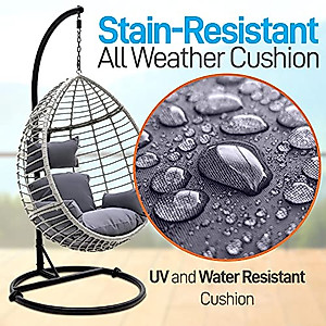 SereneLife Hanging Egg Chair with Stand - Indoor Outdoor Patio Wicker Rattan Lounge Chair with Stand, Steel Frame, UV Resistant Washable Cushions for Garden Backyard Deck Sunroom SLGZ0EGG (Gray)