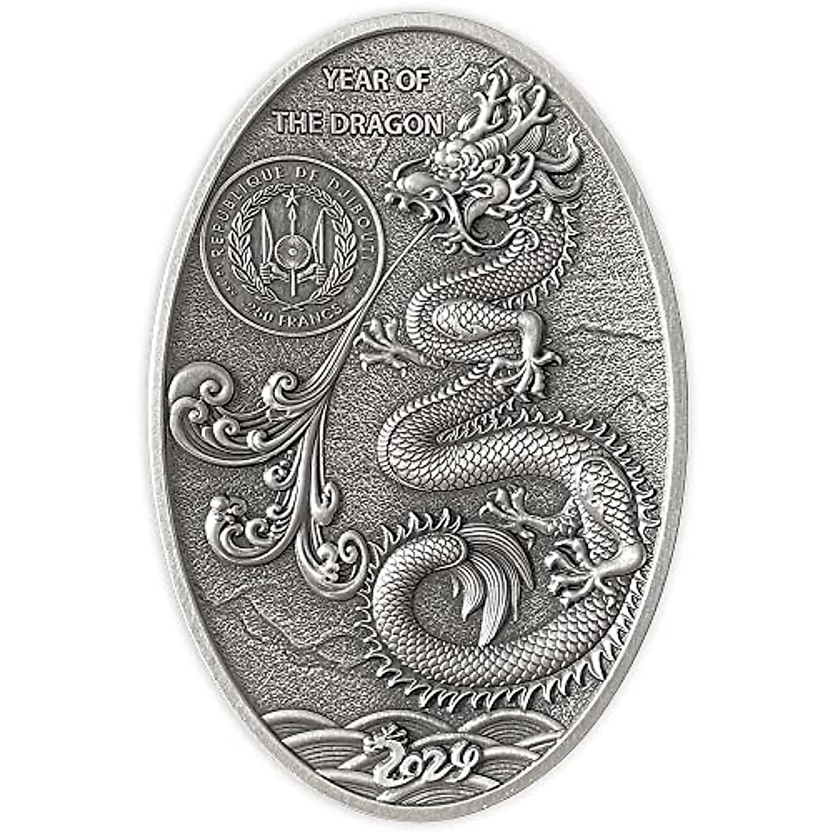2024 DE Modern Commemorative PowerCoin Dragon Egg 3d Shaped 5 Oz Silver Coin 250 Francs Djibouti 2024 Antique Finish