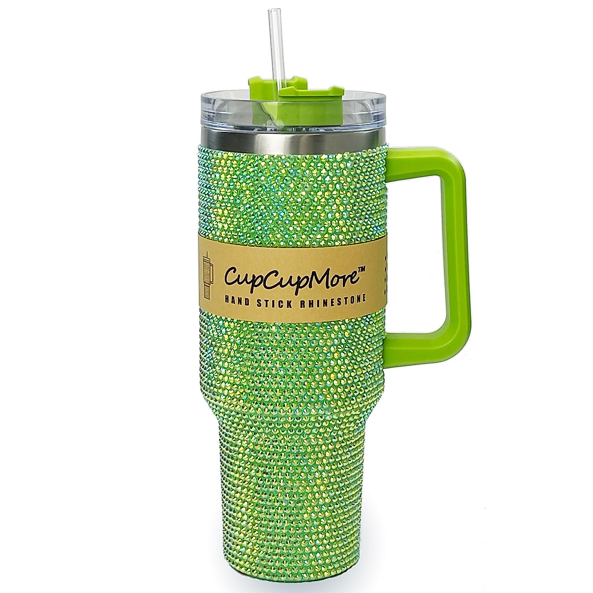 Cupcupmore 40oz Green Bling Rhinestone Stainless Steel Sippy Tumbler Glitter Vacuum Insulated Water Bottle with Straw & Lid &Handle,Thermos for Hot & Cold Drinks,Car Cup Holder,Coffee