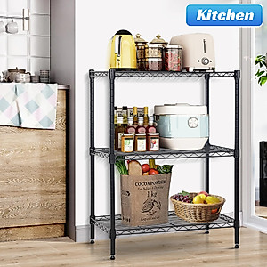3 Tier Steel Wire Shelving,Adjustable Utility Metal Shelves for Storage,Storage Shelves Heavy Duty with Leveling Feet for Kitchen,Garage,Pantry,Clothset,100ps Per Shelf，Black,(23 x 13.2 x 30.2 inches)
