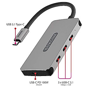 Sitecom CN-386 USB-C Hub 4 Port | USB-C Male to 3X USB-C 3.1 + 1x USB-C Female Power Delivery Ports - Aluminum Hub