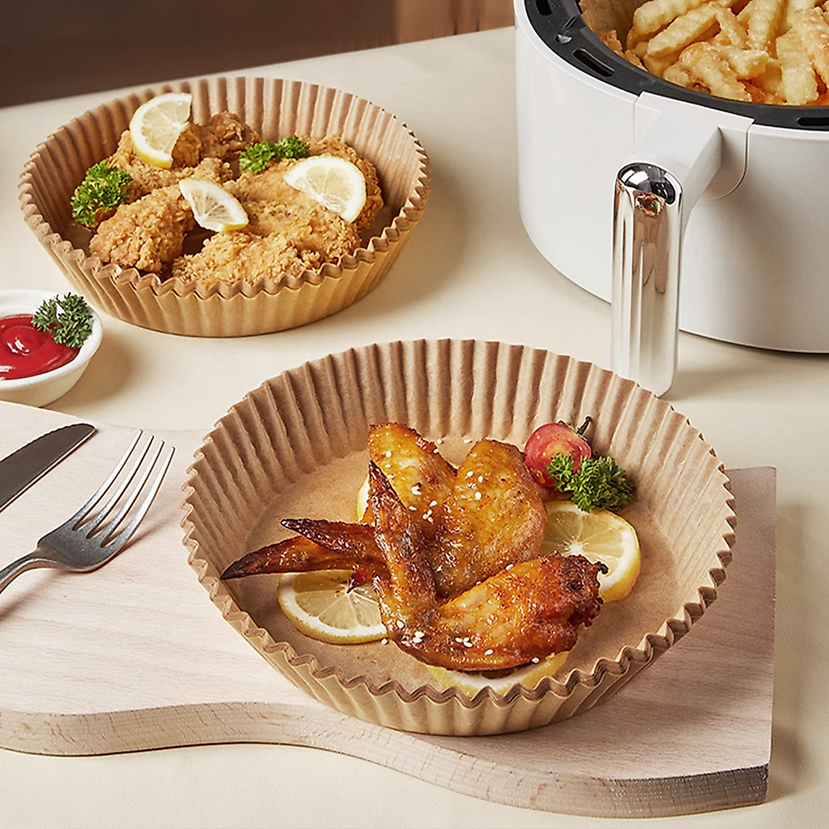 SUREHOME Air Fryer Liners Disposable, Air Fryer Disposable Paper Liner, 100Pcs Airfryer Liners 8 Inch Parchment Paper for Air Fryer Basket 5-8Qt Non-Stick Air Fryer Paper Liners Round Air Fryer Sheets