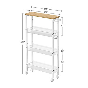 VASAGLE Slim Rolling Cart, 4-Tier Storage Cart, Narrow Cart with Handle, 5.1 Inches Deep, Metal Frame, for Kitchen, Dining Room, Living Room, Home Office, Oak Beige and Classic White ULRC032W09