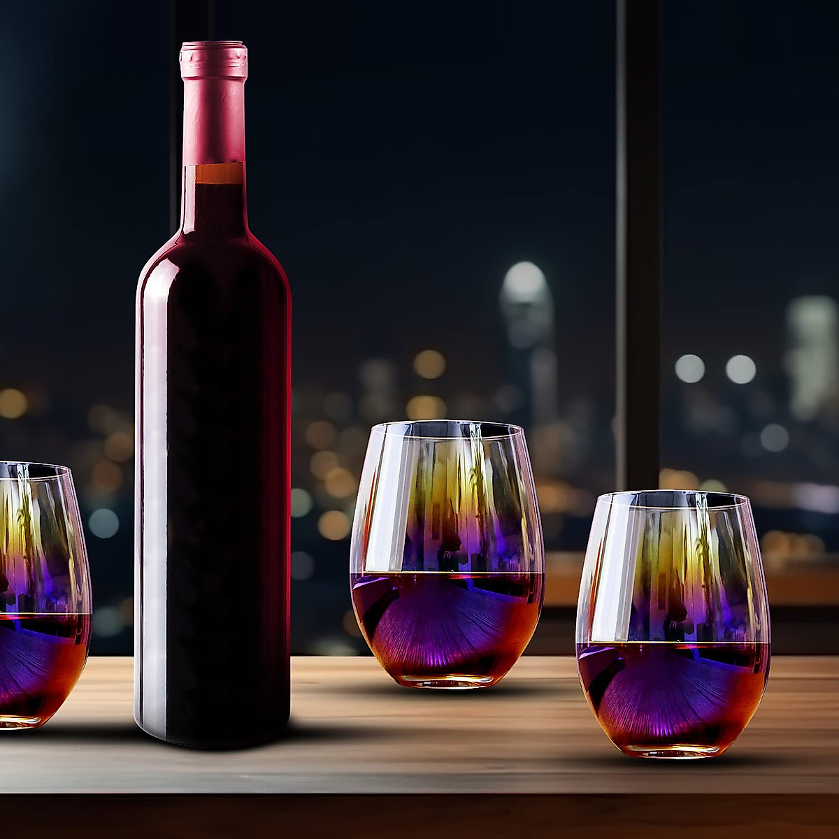 HELLWANG Wine Glasses Set of 2, 20 Ounce Seven Color Dazzling Stemless Wine Glass for Red or White Wine, Whiskey- Pool Party Beach Travel Cups