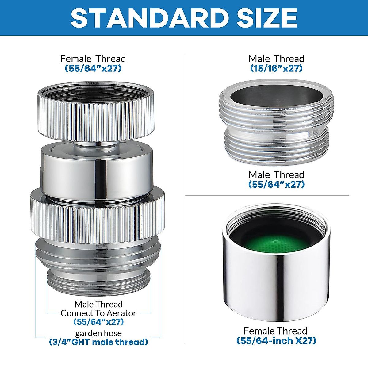 Sink Faucet to Garden Hose Adapter, Swivel Faucet Adapter Kit with Aerator, Multi-Thread Garden Hose Adapter for Kitchen & Bathroom, Chrome