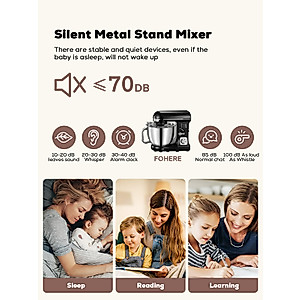Stand Mixer Fohere, with Double Dough Hook, Wire Whip & Beater, 6+ P Speed Tilt-Head Food Mixer, Pouring Shield for Home Cooking, Dishwasher Safe Stainless Steel Bowl with Handle (Black)