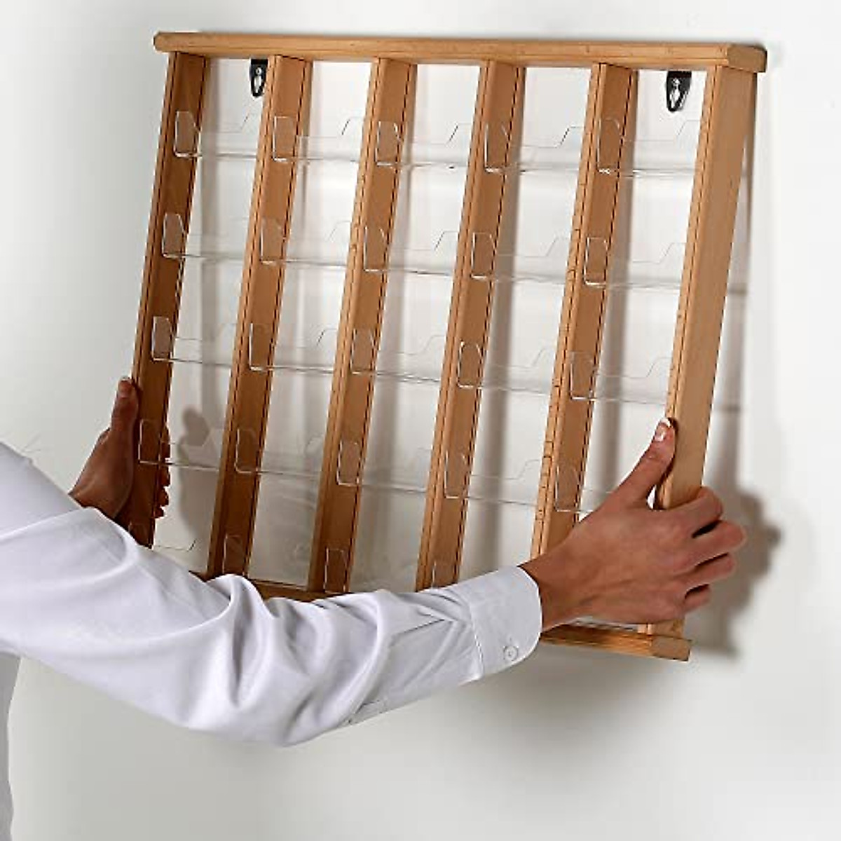 M&T Displays Wall Mount Wooden Rustic Card Holder Organizer 25 (5x5) Clear Acrylic Pockets 5 Tiered Letter Flyers Shelves for Offices Banks Schools Hospitals Natural Wood