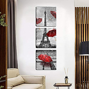 Meiji Paris Eiffel Tower Canvas Wall Art Decor Red Umbrellas Poster Prints Pictures Artwork for Living Room Ready to Hang (Red, 12X12inchx3 (30x30cmx3))