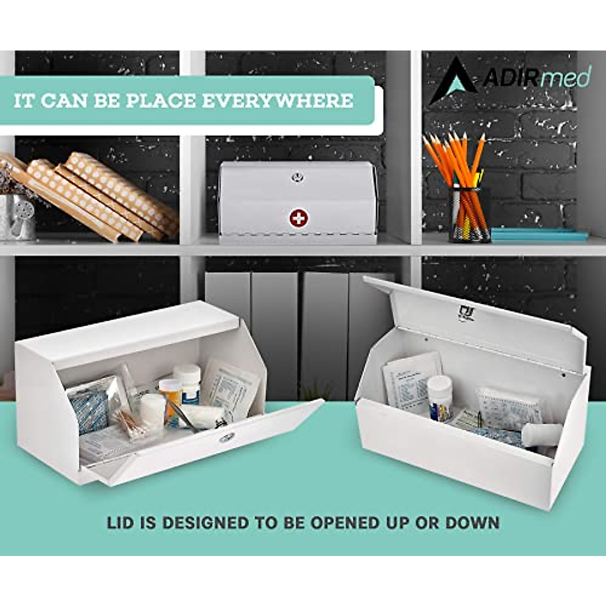 AdirMed Medicine Lock Box for Medication Lock Box with Key - Wall Mounted Locking First Aid Medicine Cabinet, Secured Prescription Storage for Peace of Mind Around Kids at Home, School (Steel White)